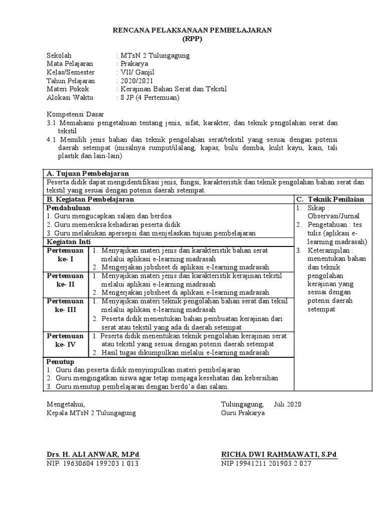 RPP Kerajinan Bahan Serat Dan Tekstil KD 3.1-4.1 | PDF