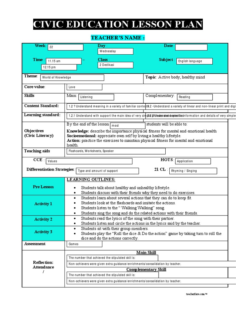 Civic Education Lesson Plan: Teacher'S Name | PDF | Lesson Plan ...