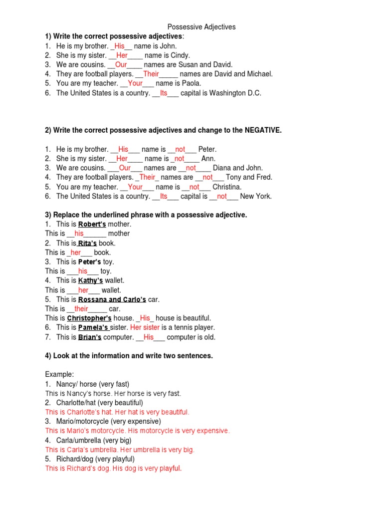 Possessive Adjectives Exercises Guide | PDF | Semantic Units ...