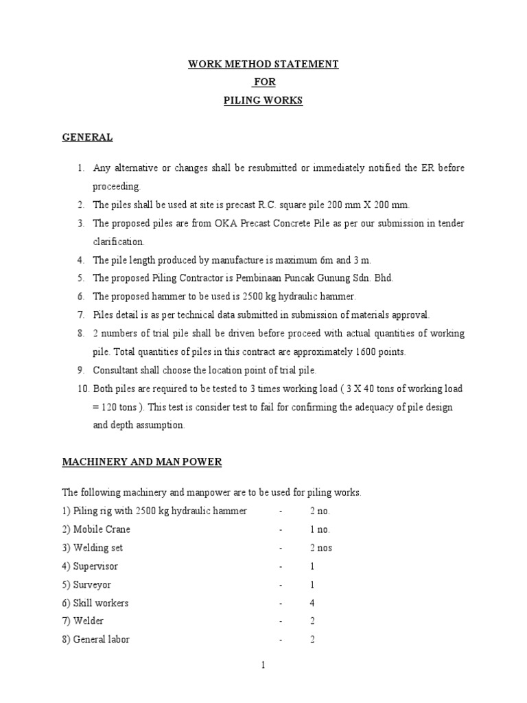 Work Method Statement FOR Piling Works | PDF | Deep Foundation | Welding