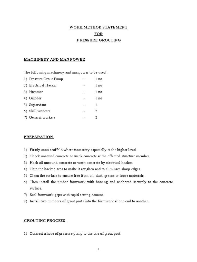 Work Method Statement FOR Pressure Grouting | PDF