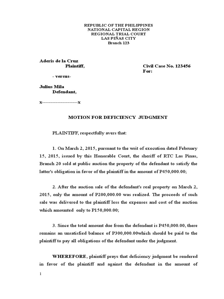 Aderis de La Cruz Plaintiff, Civil Case No. 123456 For: - Versus-Julius ...