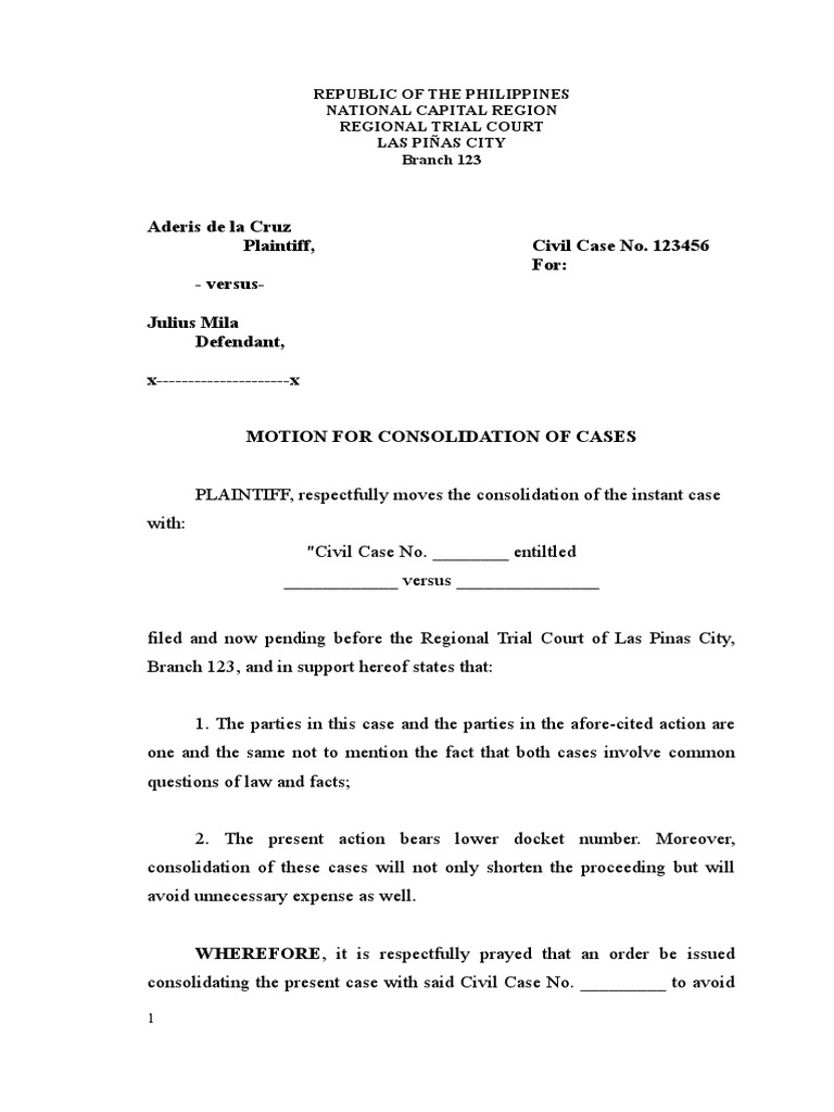 Aderis de La Cruz Plaintiff, Civil Case No. 123456 For: - Versus-Julius ...