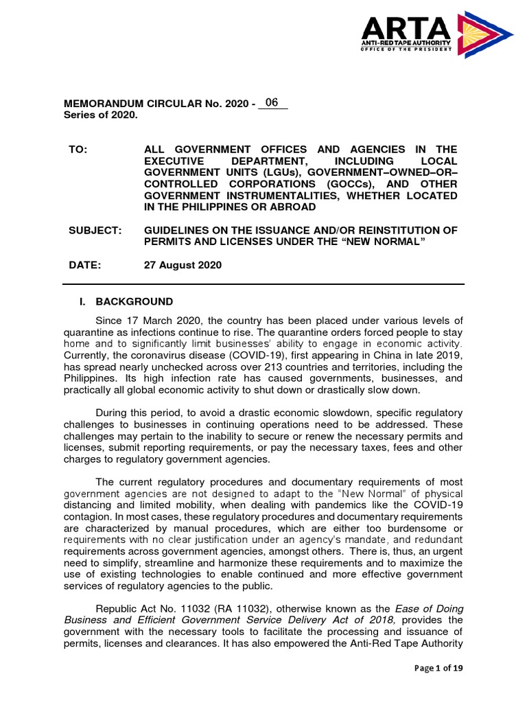 ARTA Guidelines On The Issuance of Licenses and Permits Under The New ...