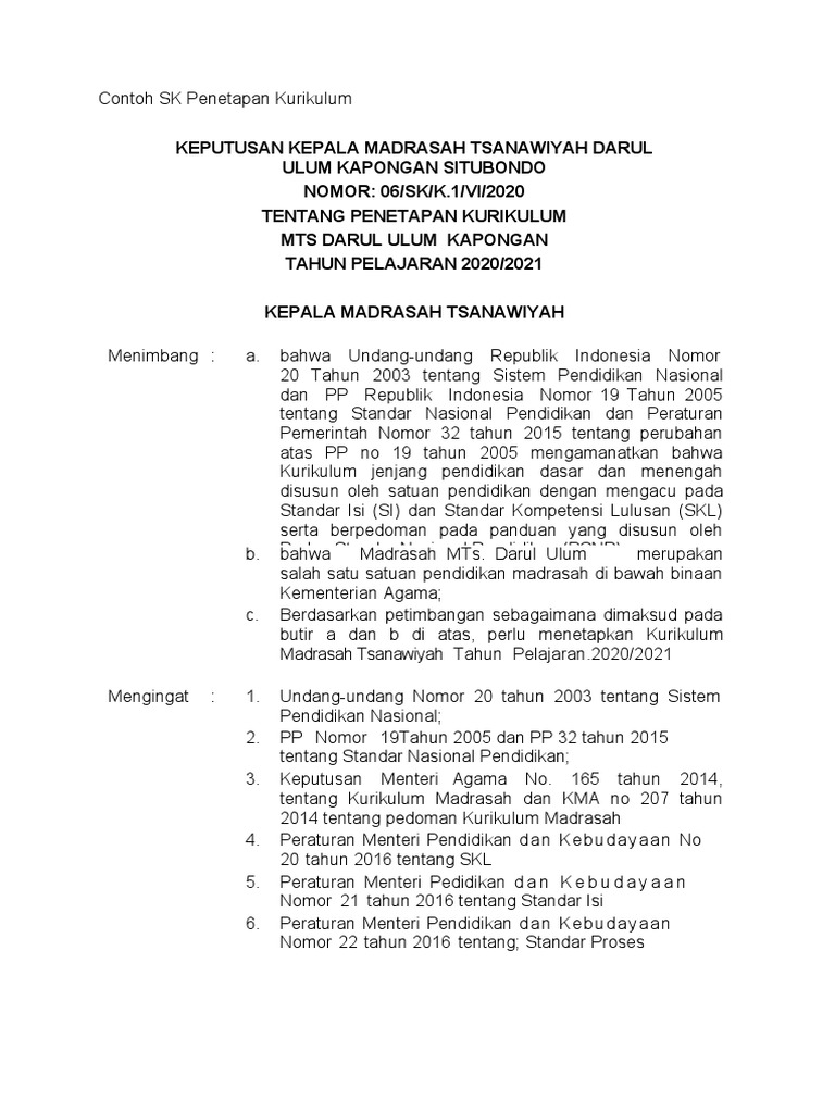 1 Contoh SK Penetapan (Pemberlakuan) Kurikulum | PDF