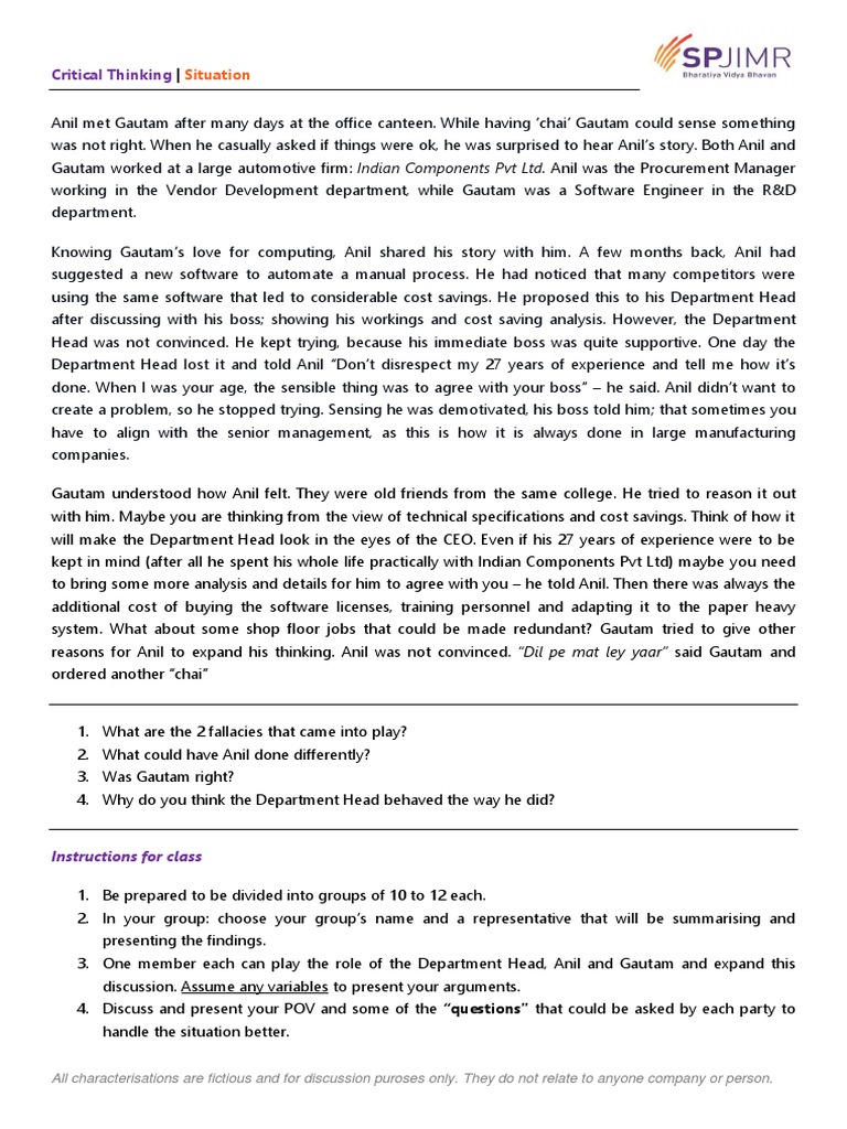 Critical Thinking Situation | PDF | Business