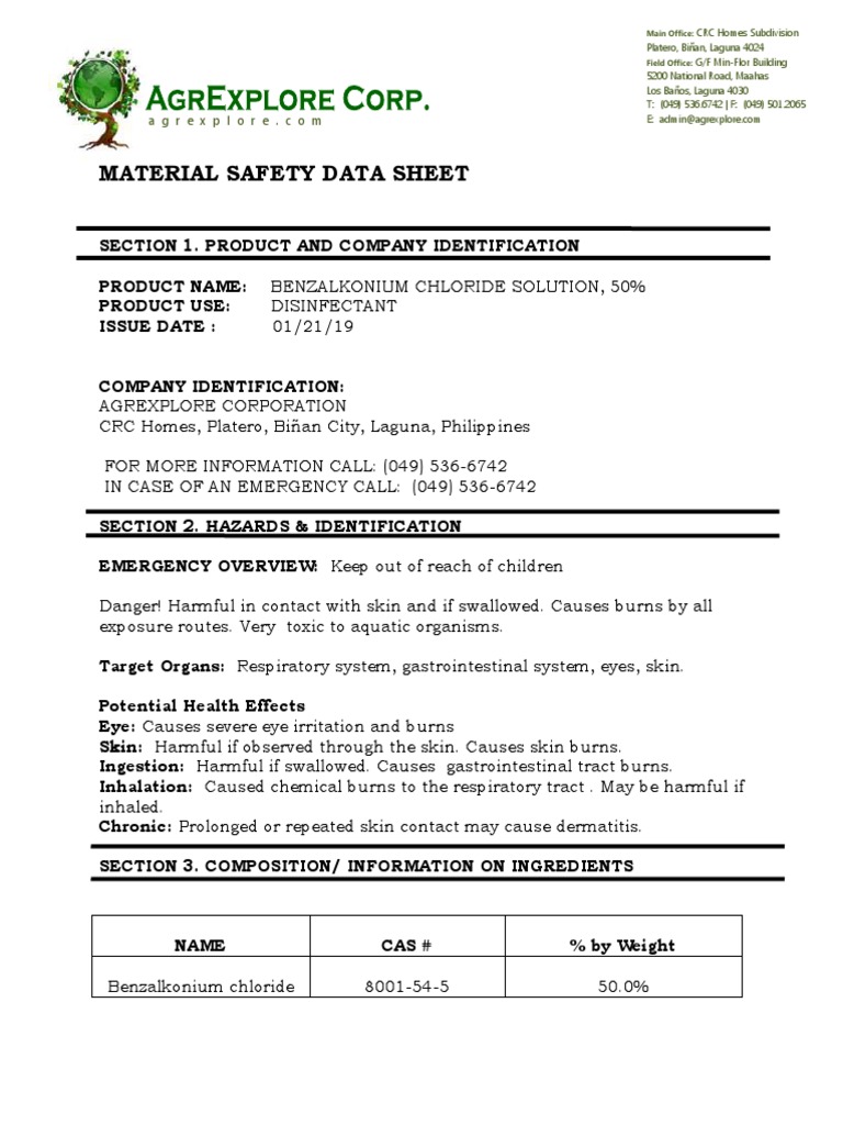 Material Safety Data Sheet for Benzalkonium Chloride Solution: A ...