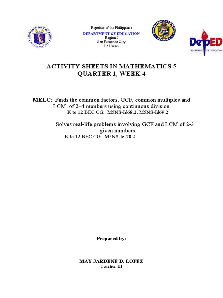 Activity Sheets in Mathematics 5 Quarter 1, Week 4 | PDF | Foods