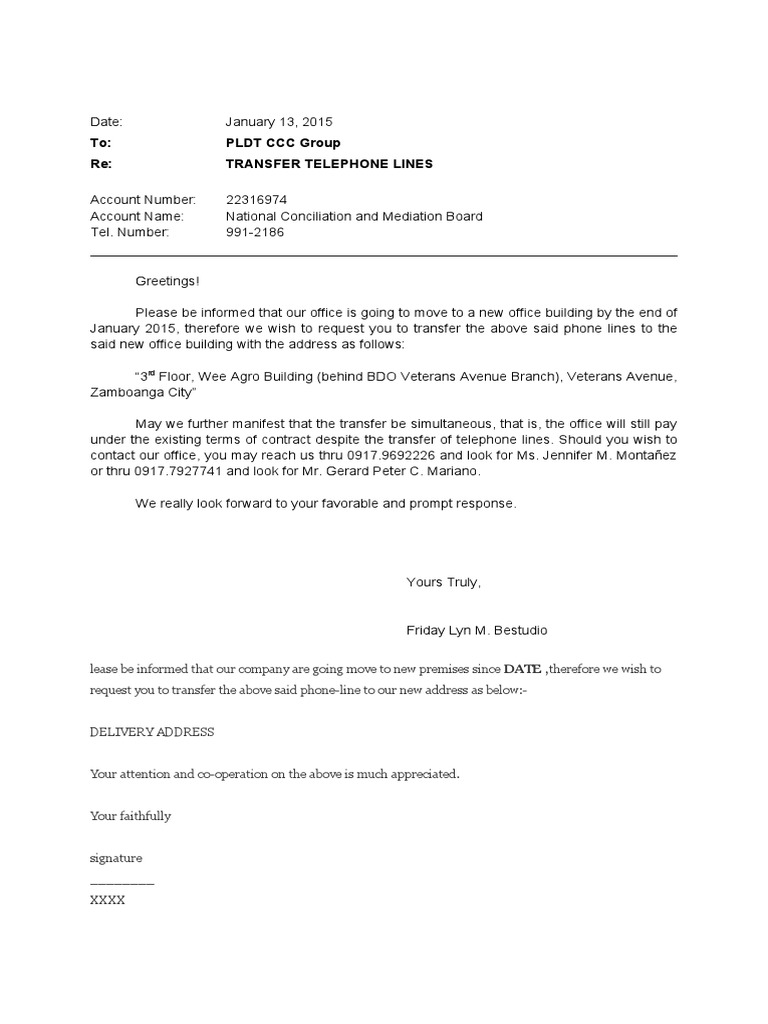 To: PLDT CCC Group Re: Transfer Telephone Lines | PDF