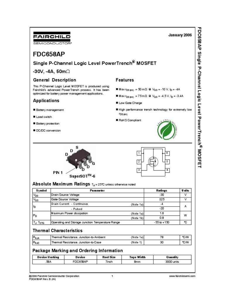 Fdc658Ap: Single P-Channel Logic Level Powertrench Mosfet - 30V, - 4A, 50M | PDF | Field Effect ...