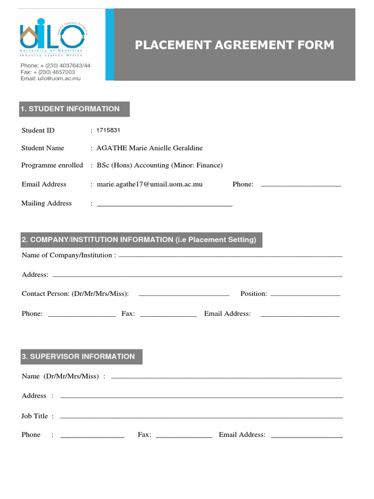 Placement Agreement Form: 1. Student Information | PDF | Internship ...
