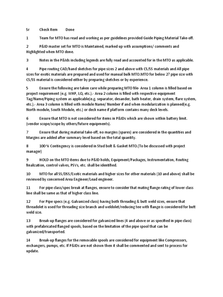 Mto Check List1 | PDF | Pipe (Fluid Conveyance) | Valve