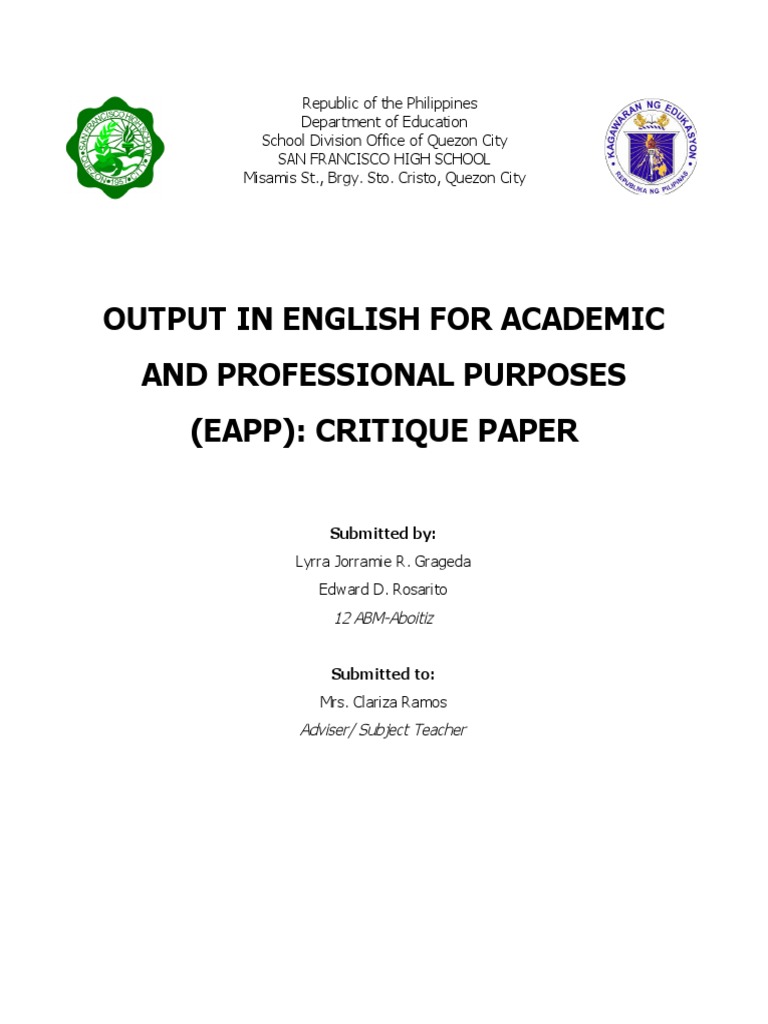 Output in English For Academic and Professional Purposes (Eapp) : Critique Paper | PDF
