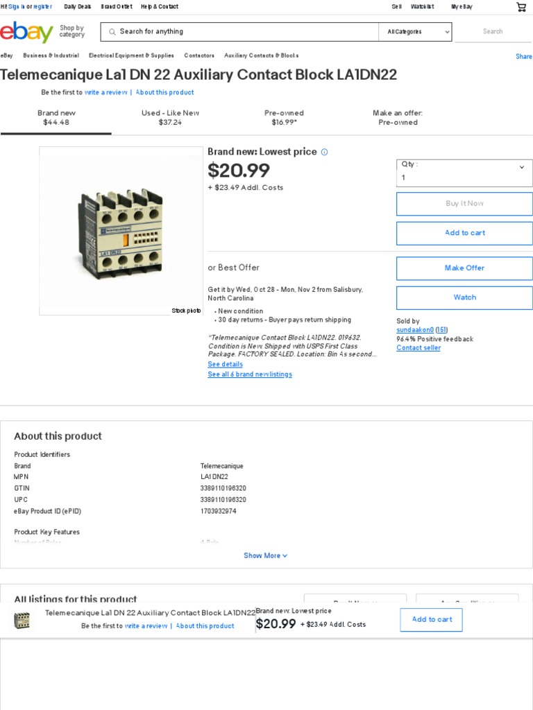 Telemecanique La1 DN 22 Auxiliary Contact Block LA1DN22 For Sale Online ...