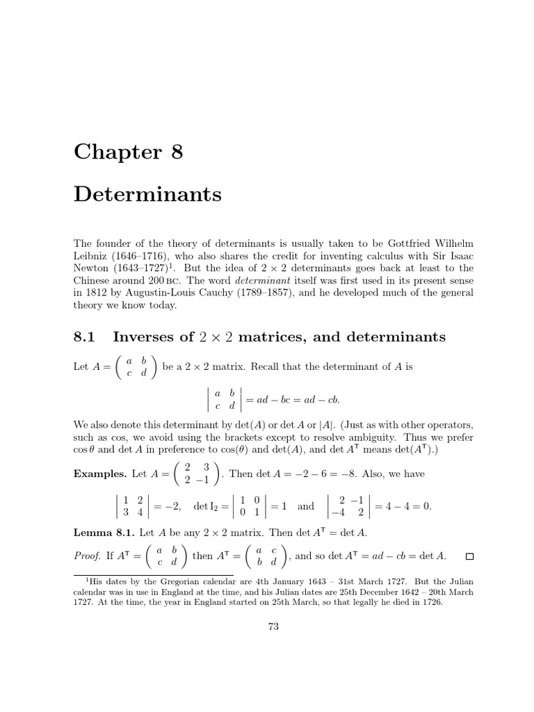 Determinants: 8.1 Inverses of 2 × 2 Matrices, and Determinants | PDF ...