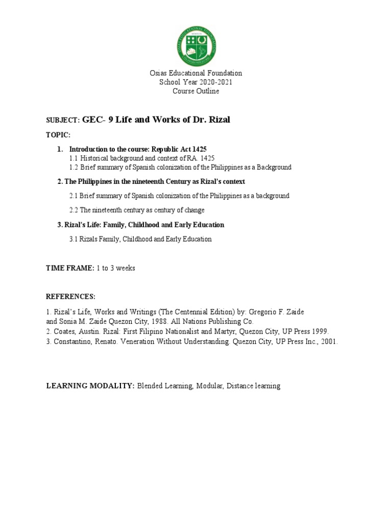 GEC-9 Life and Works of Dr. Rizal: Subject: Topic: 1. Introduction To ...