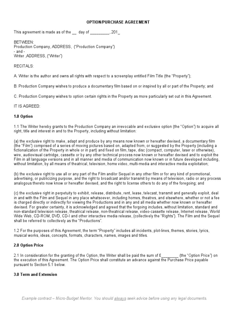 MBM EXAMPLE UK Option Agreement | PDF | Breach Of Contract | Copyright