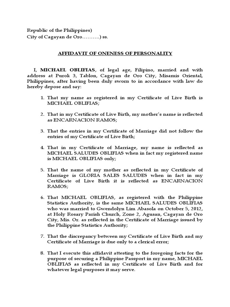 Affidavit of Oneness Sample | PDF
