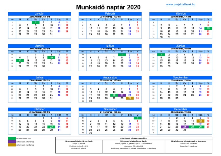 Munkaido Naptar 2020 Munkanapok Es Munkaorak Letoltheto Reszletes PDF | PDF