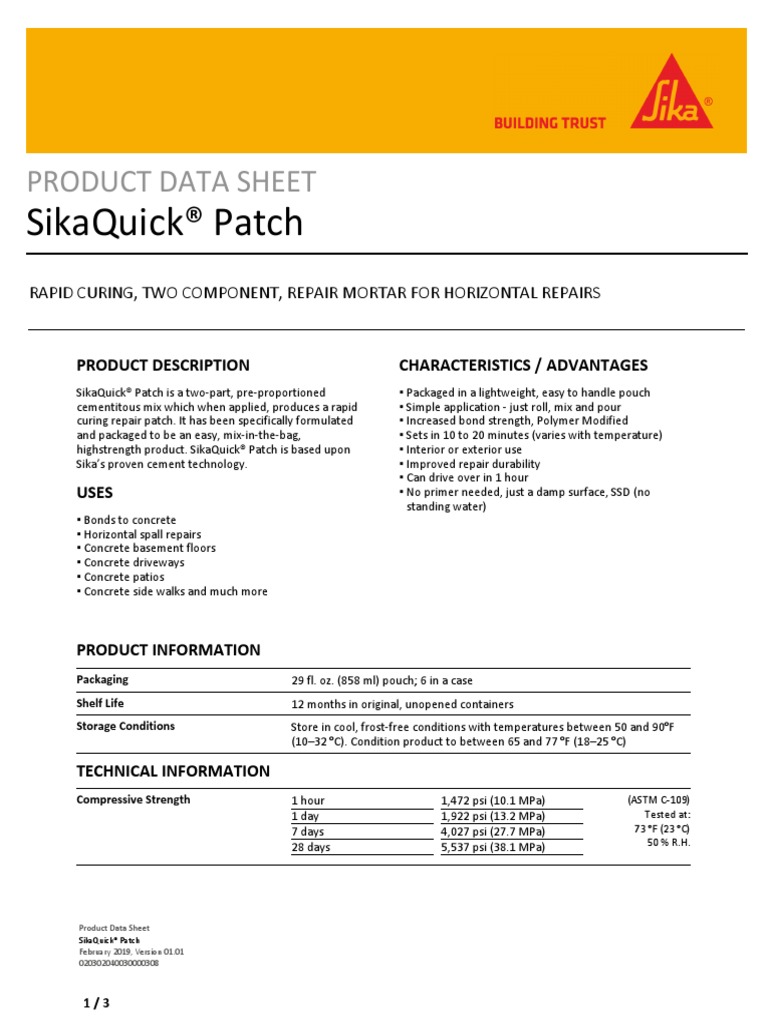 Sikaquick® Patch: Product Data Sheet | PDF | Concrete | Materials