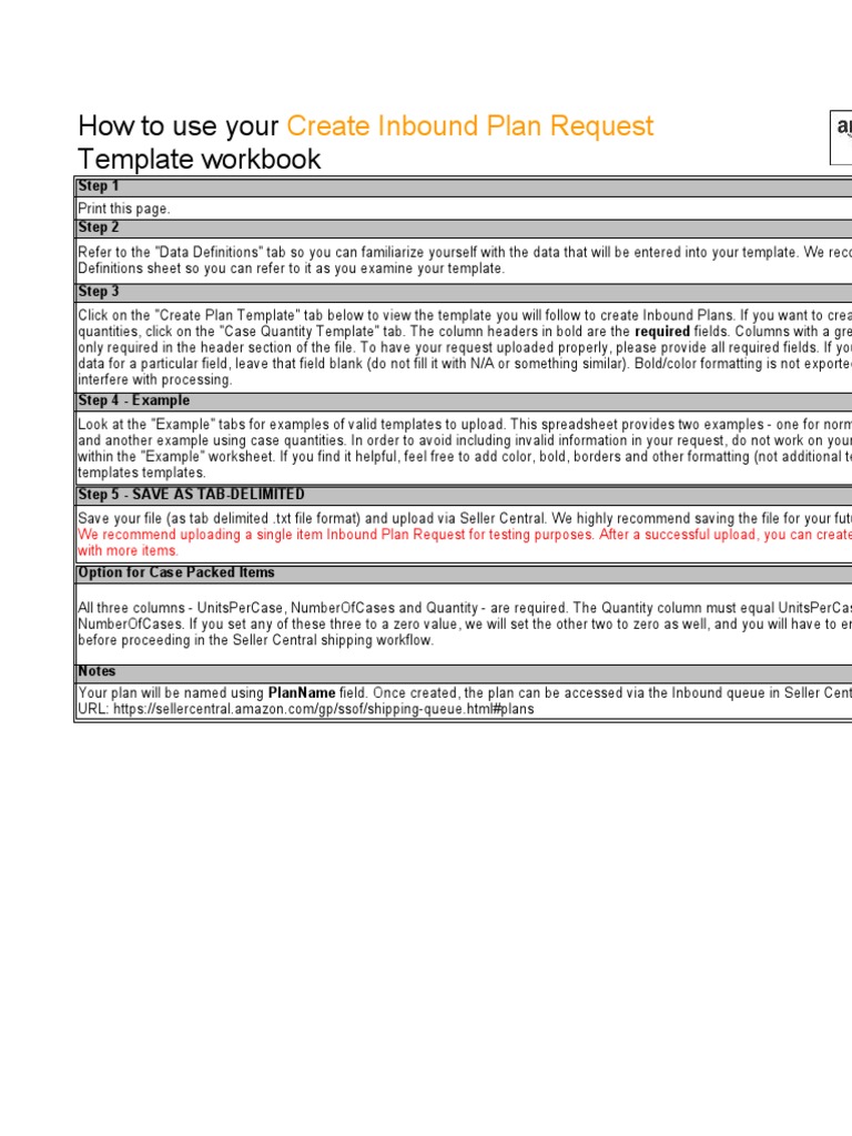How To Use Your Template Workbook: Create Inbound Plan Request | PDF ...