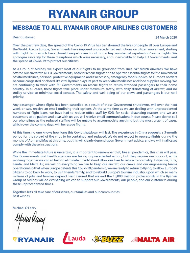 Ryanair Group Letter 24.03.2020 | PDF | Aviation | Business