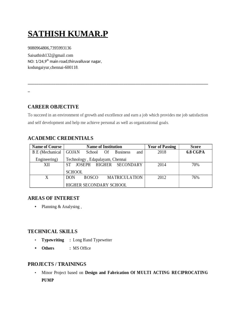 Sathish Kumar's Resume Summary | PDF