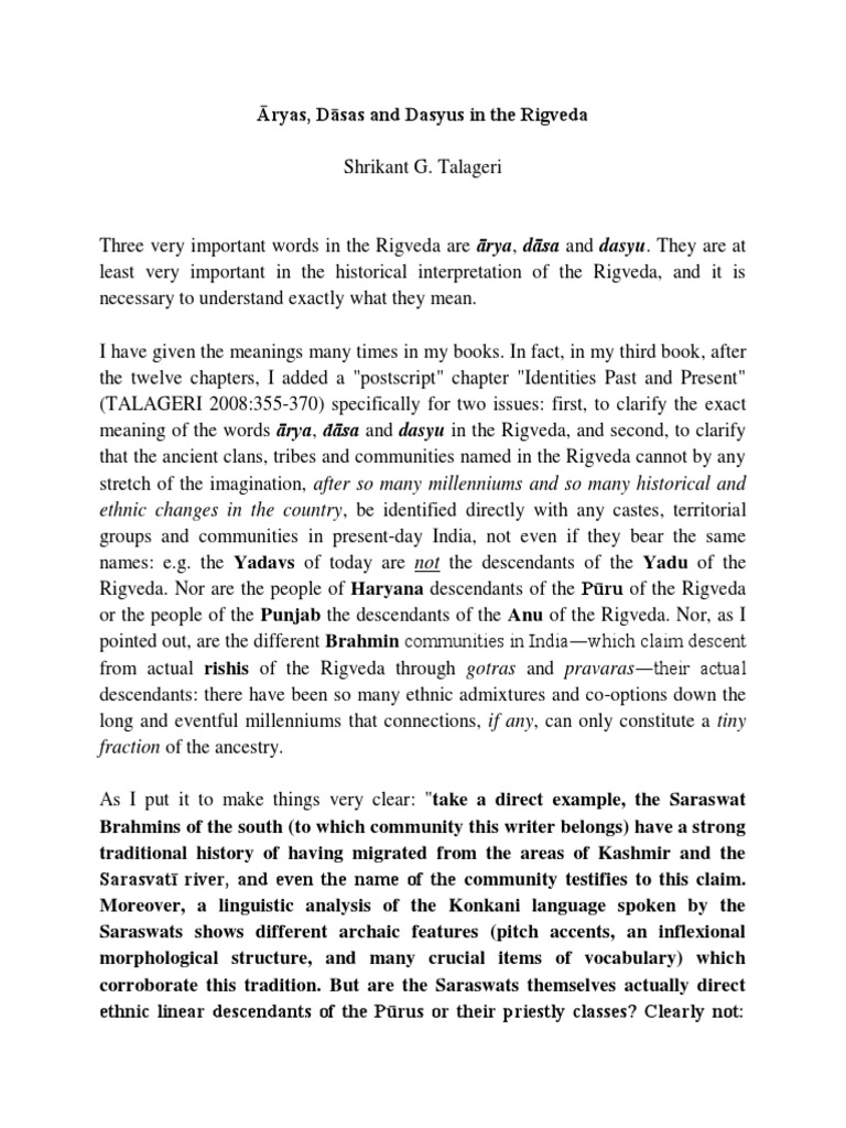 Aryas Dasas and Dasyus in The Rigveda PDF | PDF | Religion And Belief