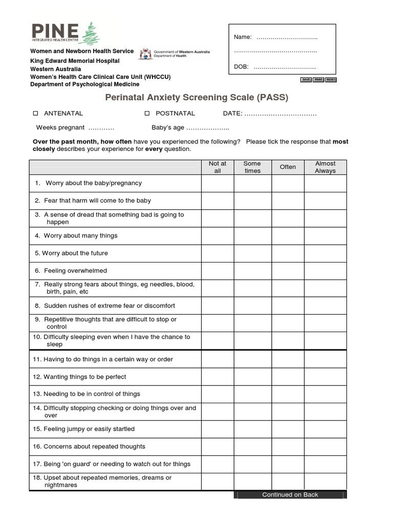 Perinatal Anxiety Screening Scale (PASS) | PDF | Anxiety ...