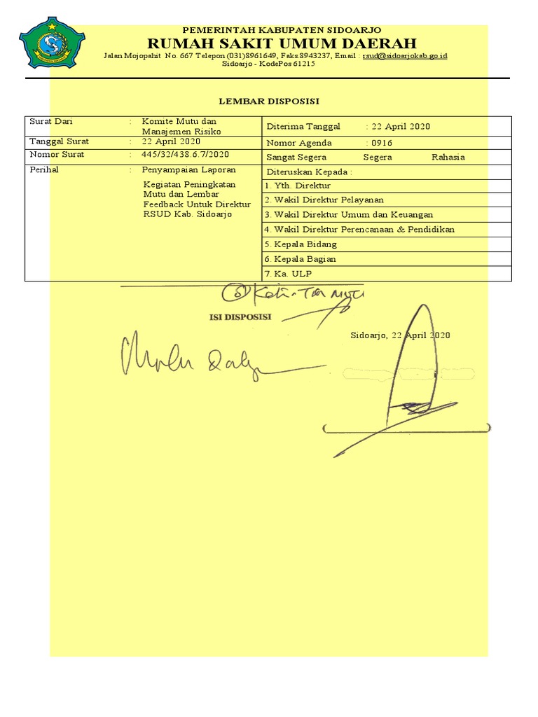 Lembar Disposisi-Laporan Mutu TB 1 2020 | PDF