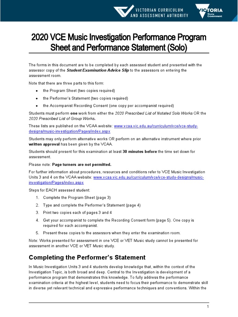 2020 VCE Music Investigation Performance Program Sheet and Performance Statement (Solo) | PDF ...