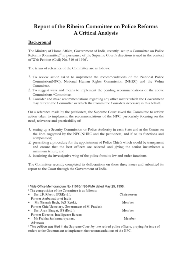 Report of The Ribeiro Committee On Police Reforms A Critical Analysis ...