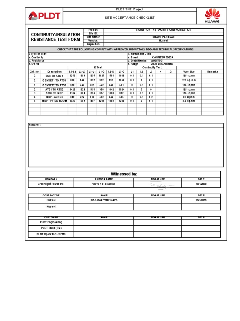 Continuity/Insulation Resistance Test Form | PDF | Business