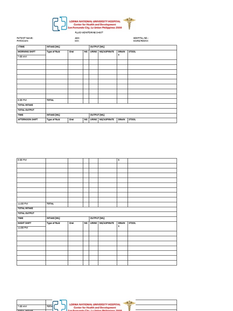 Fluid Monitoring Sheet Patient Name: Age: Hospital No.: Physician: Sex ...