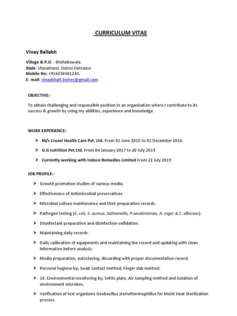 Vinay CV PDF | PDF | Disinfectant | Microorganism