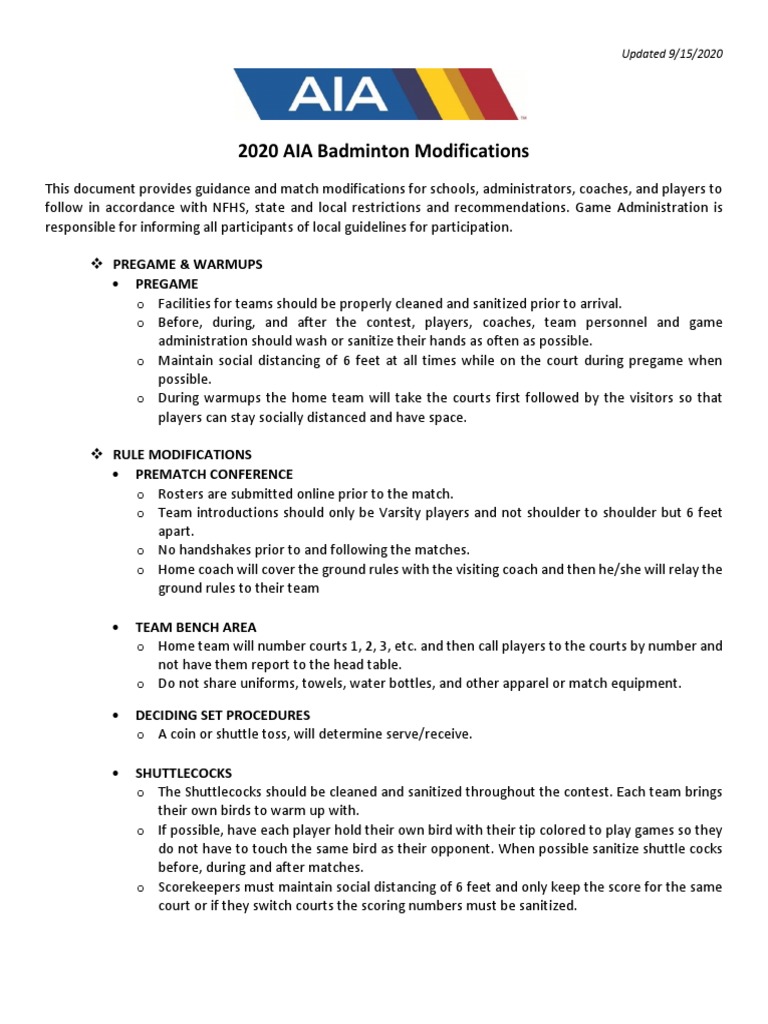 2020 AIA Badminton & Cross Country Guidelines | PDF | Golf Course | Sports