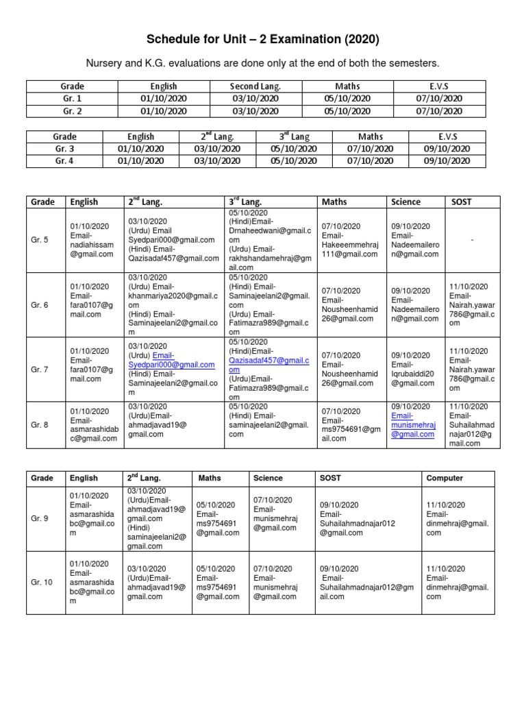 Schedule For Unit - 2 Examination (2020) : Nursery and K.G. Evaluations ...
