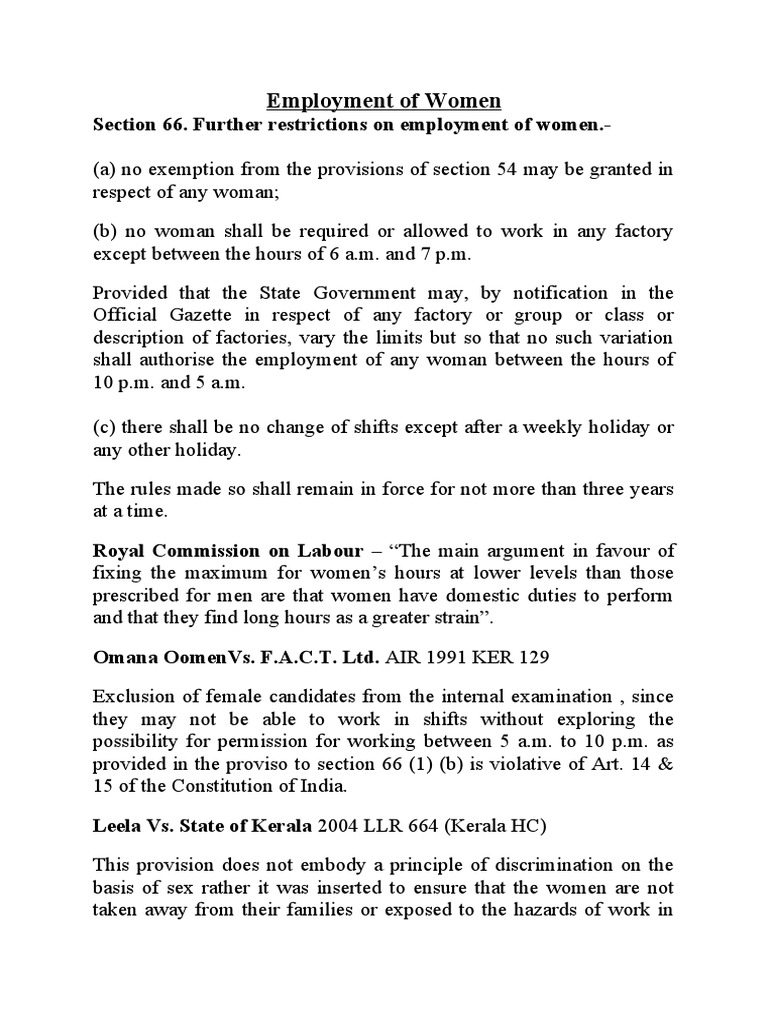 Section 66. Further Restrictions On Employment of Women. | Download ...
