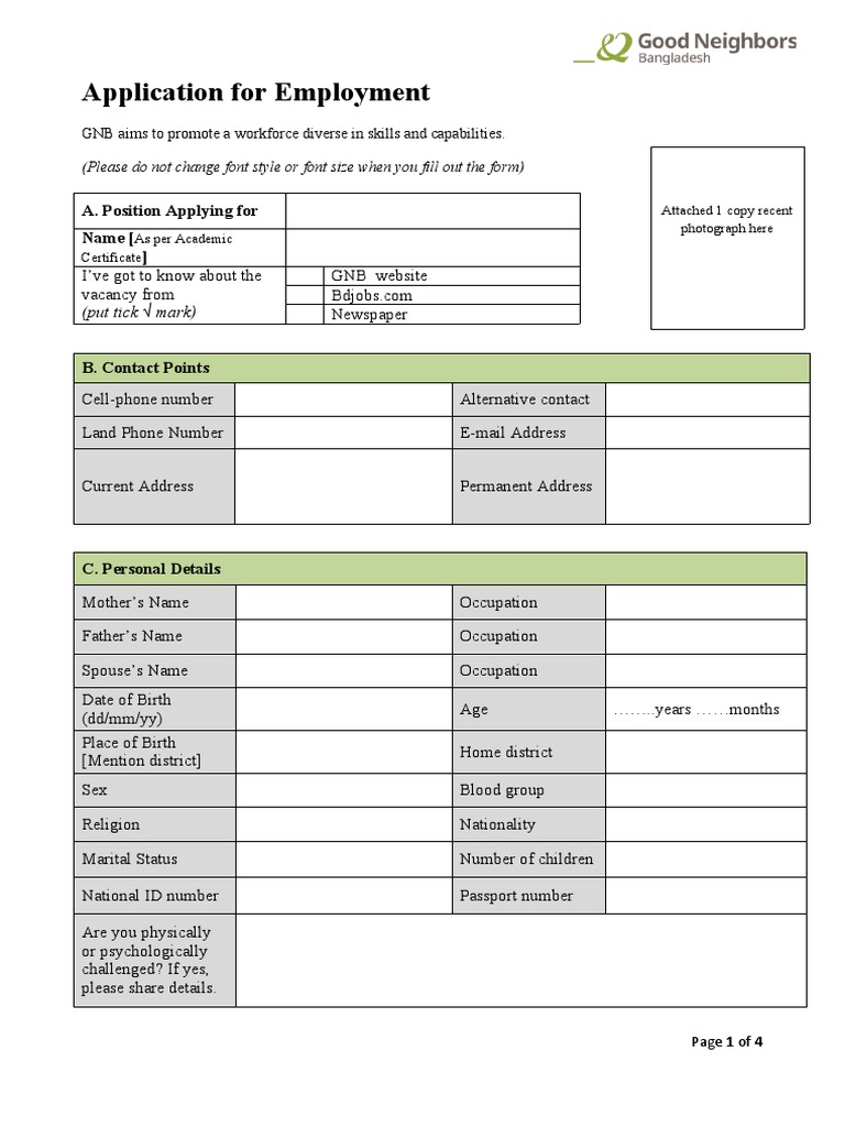 Application For Employment: A. Position Applying For Name | PDF ...