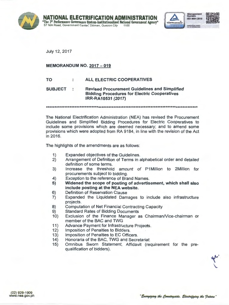 NEA Memo To ECs No. 2017-019 - Revised Procurement Guidelines and ...
