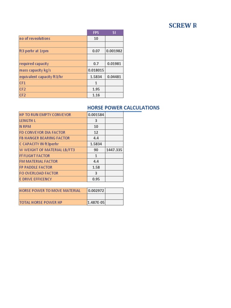 Screw Conveyor Design Calculations | PDF | Horsepower | Metrology