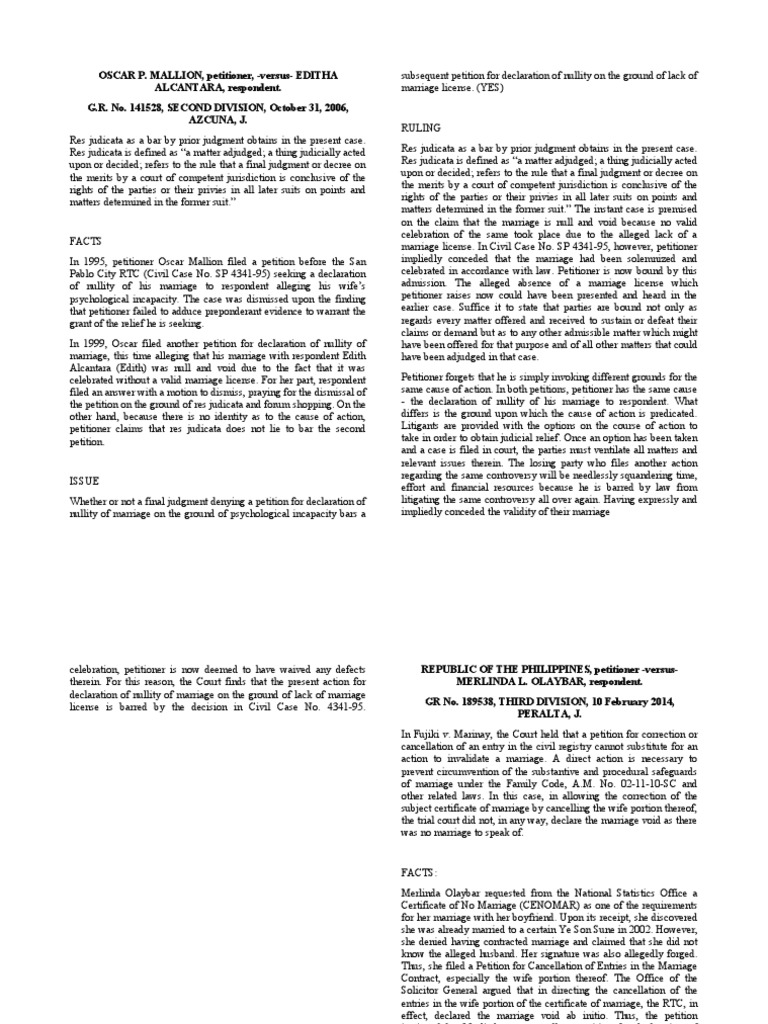 OSCAR P. MALLION, Petitioner, - versus-EDITHA ALCANTARA, Respondent. G ...
