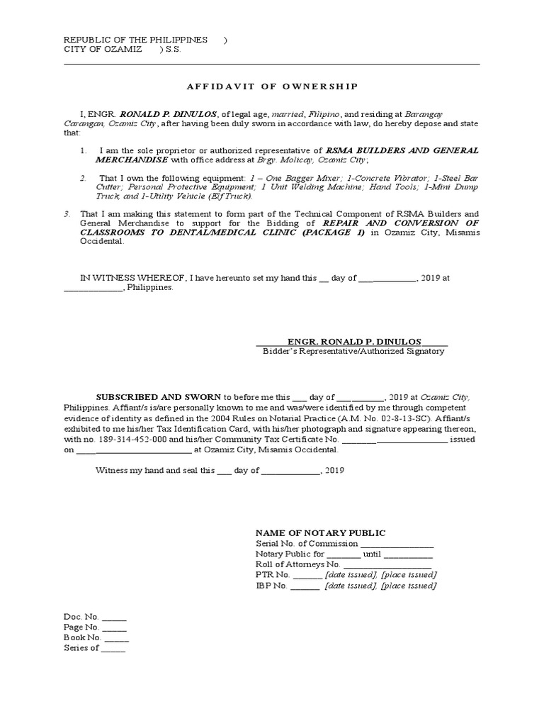 Affidavit of Ownership | PDF | Affidavit | Document