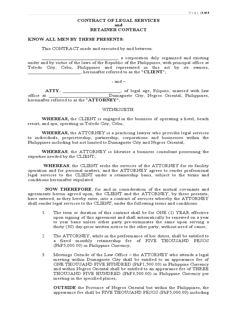 Legal Services Retainer Contract | PDF | Practice Of Law | Notary Public
