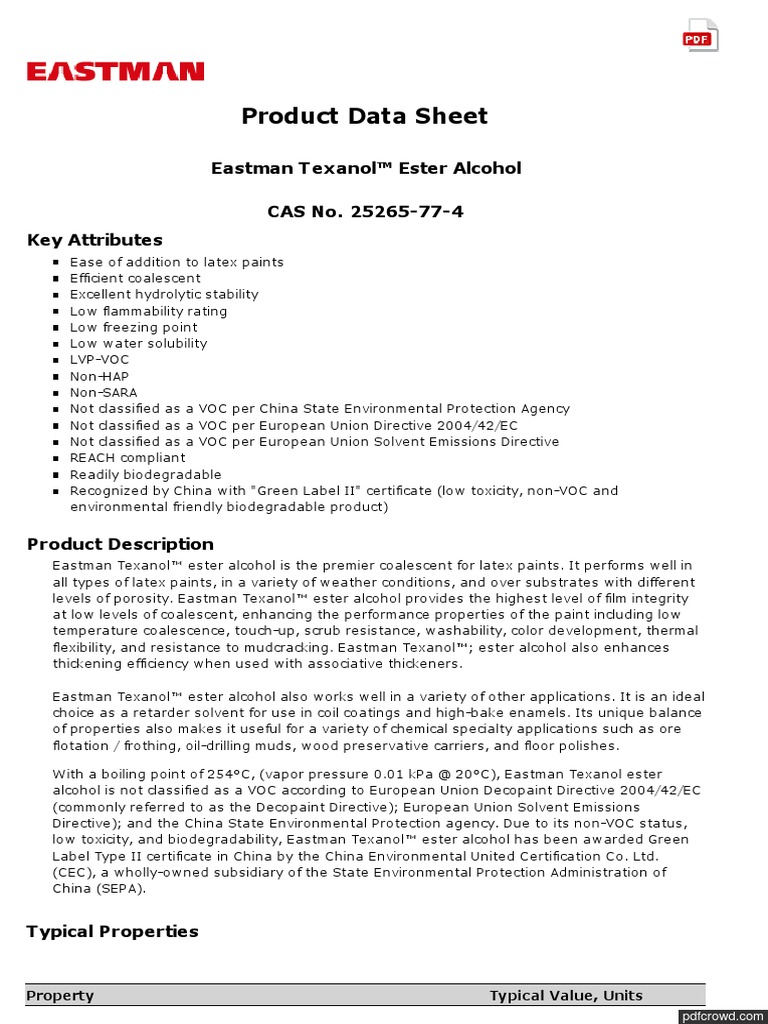 Product Data Sheet: Eastman Texanol™ Ester Alcohol CAS No. 25265-77-4 ...