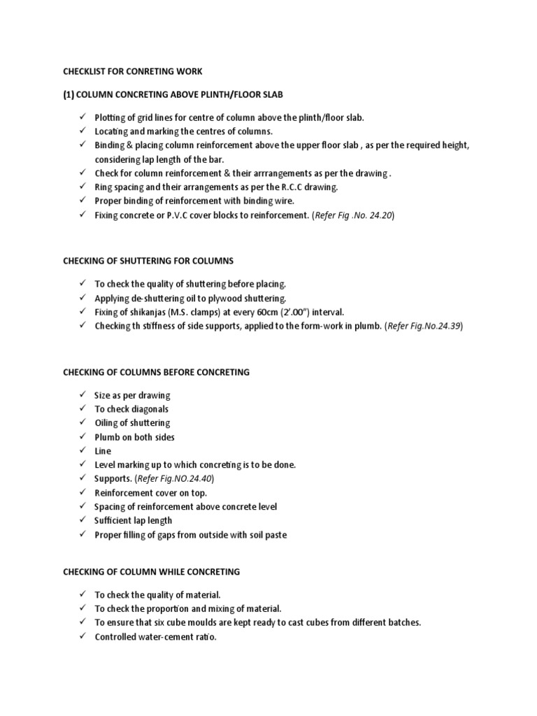 Checklist For Conreting Work | PDF | Sheet Metal | Concrete