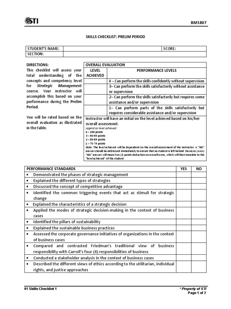 Skills Checklist: Prelim Period: Legend On Level Achieved | PDF ...