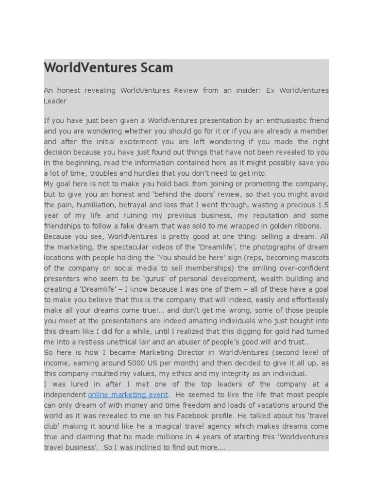 WorldVentures Scam Honest Insider Review | PDF | Business