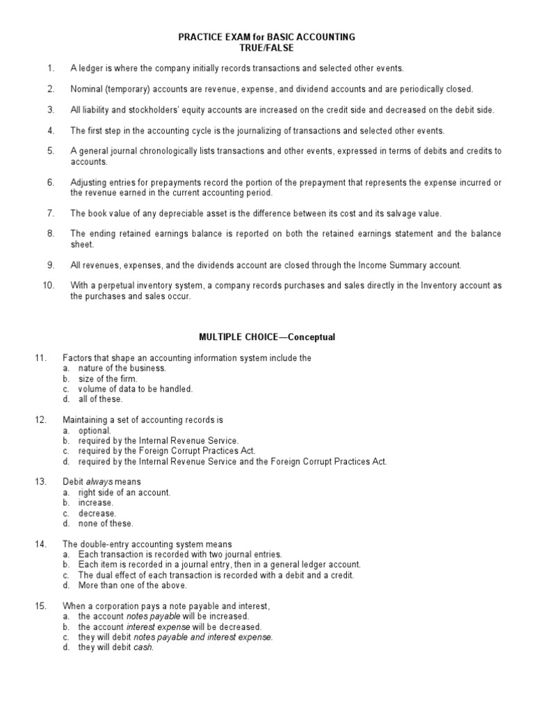 PRACTICE EXAM For BASIC ACCOUNTING | PDF | Debits And Credits | Expense