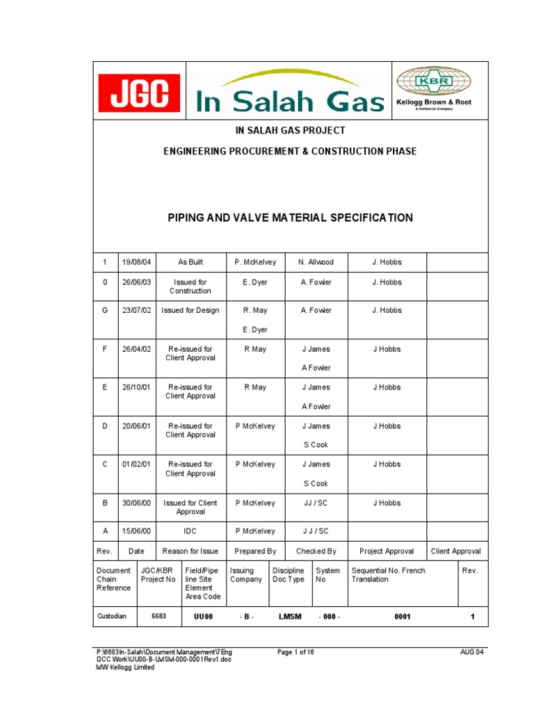 Piping and Valve Material Specification: in Salah Gas Project ...